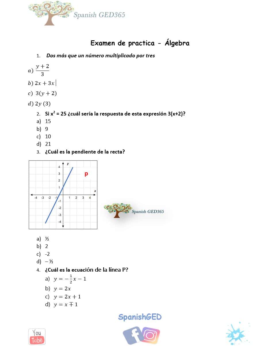 Examen de practica -ÁLGEBRA - Spanish GED 365