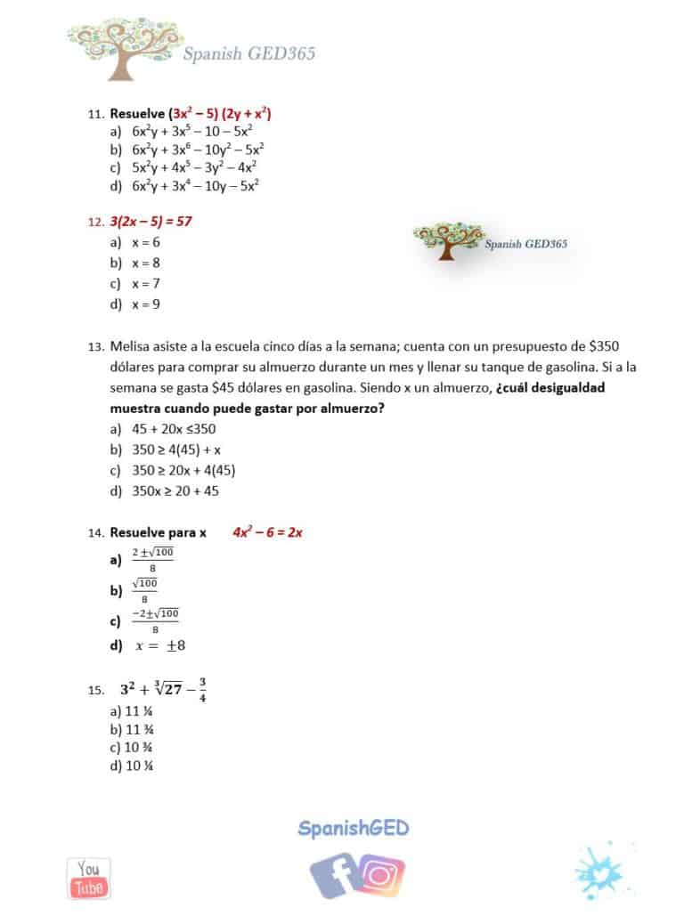 Examen de practica -ÁLGEBRA - Spanish GED 365