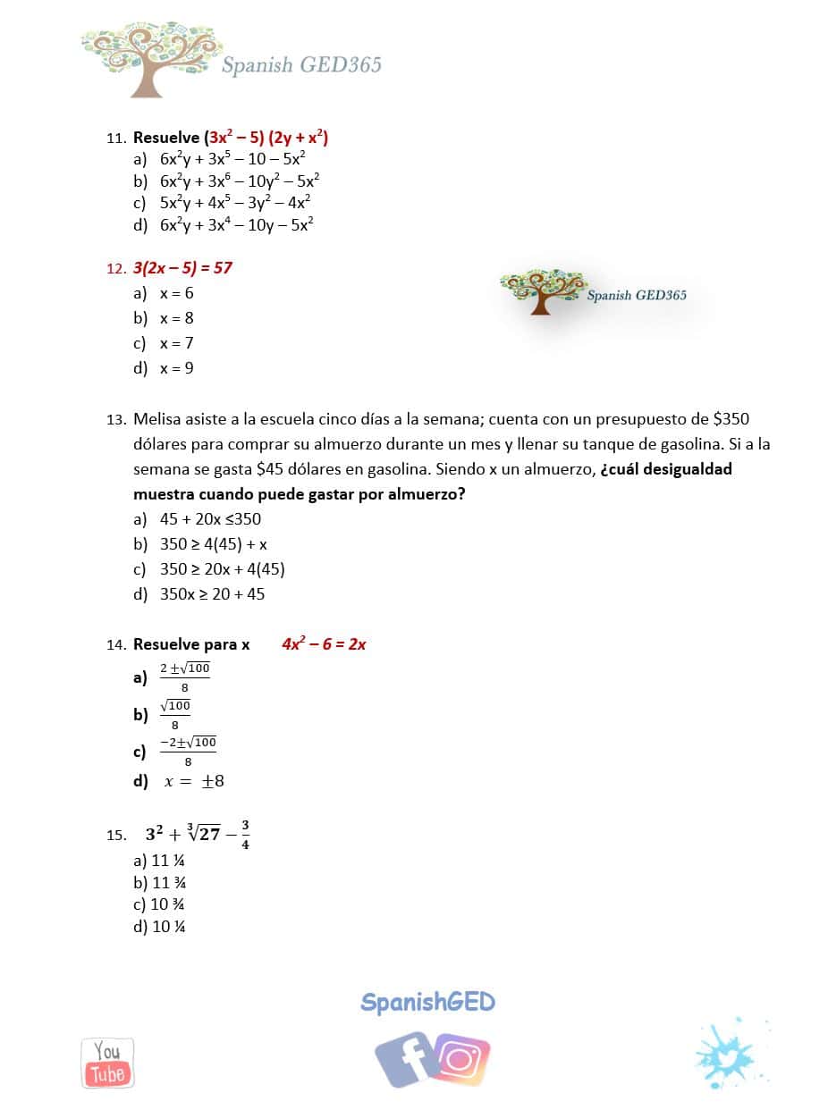 Examen de practica -ÁLGEBRA - Spanish GED 365