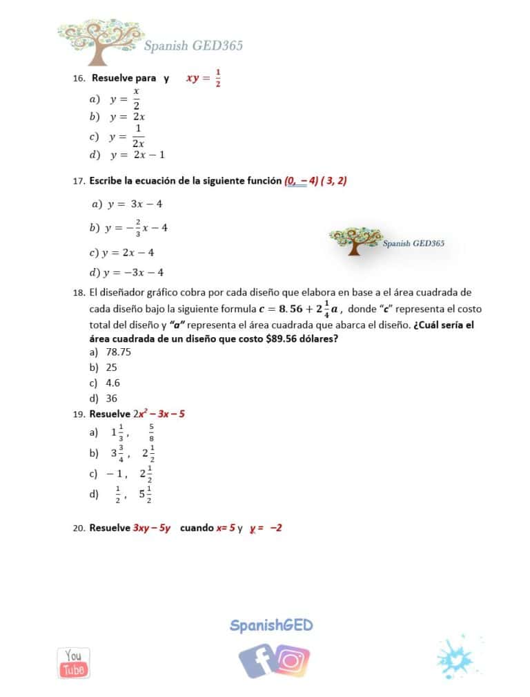 Examen de practica -ÁLGEBRA - Spanish GED 365