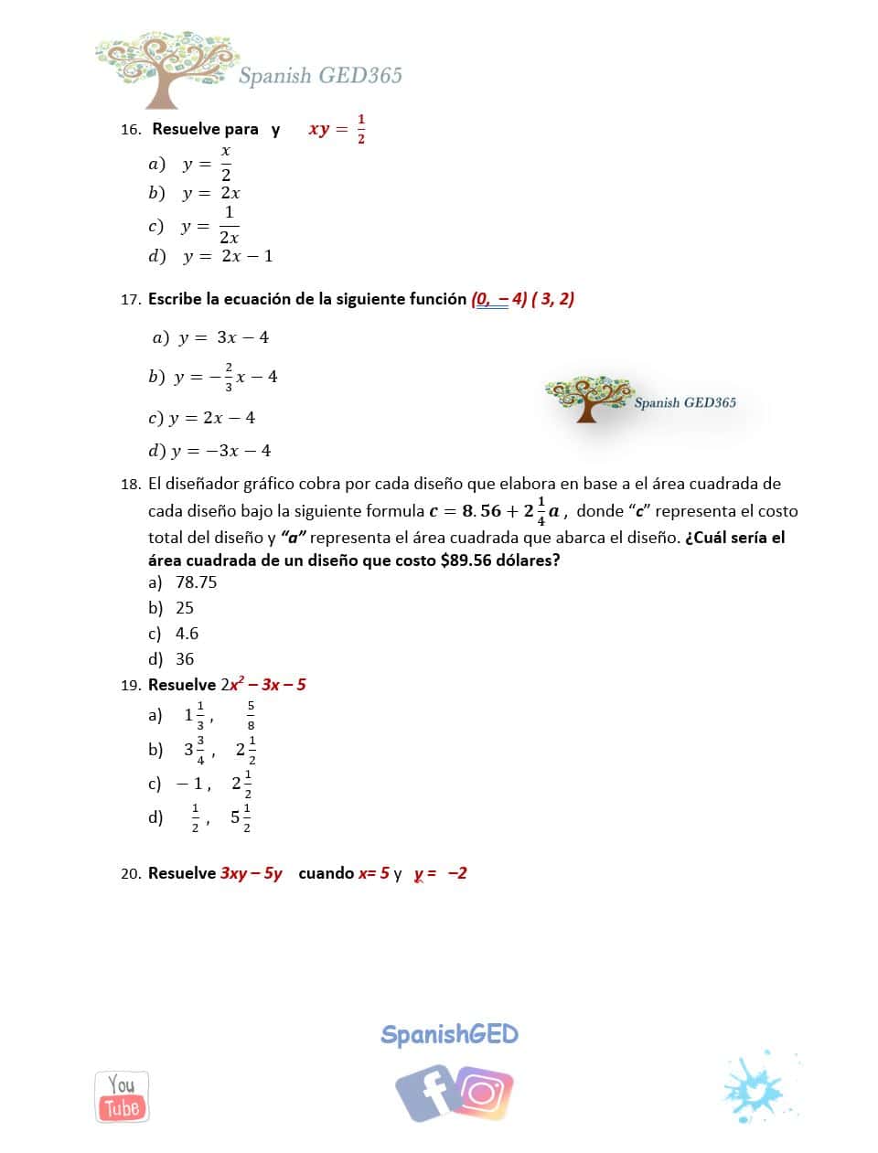 Examen de practica -ÁLGEBRA - Spanish GED 365